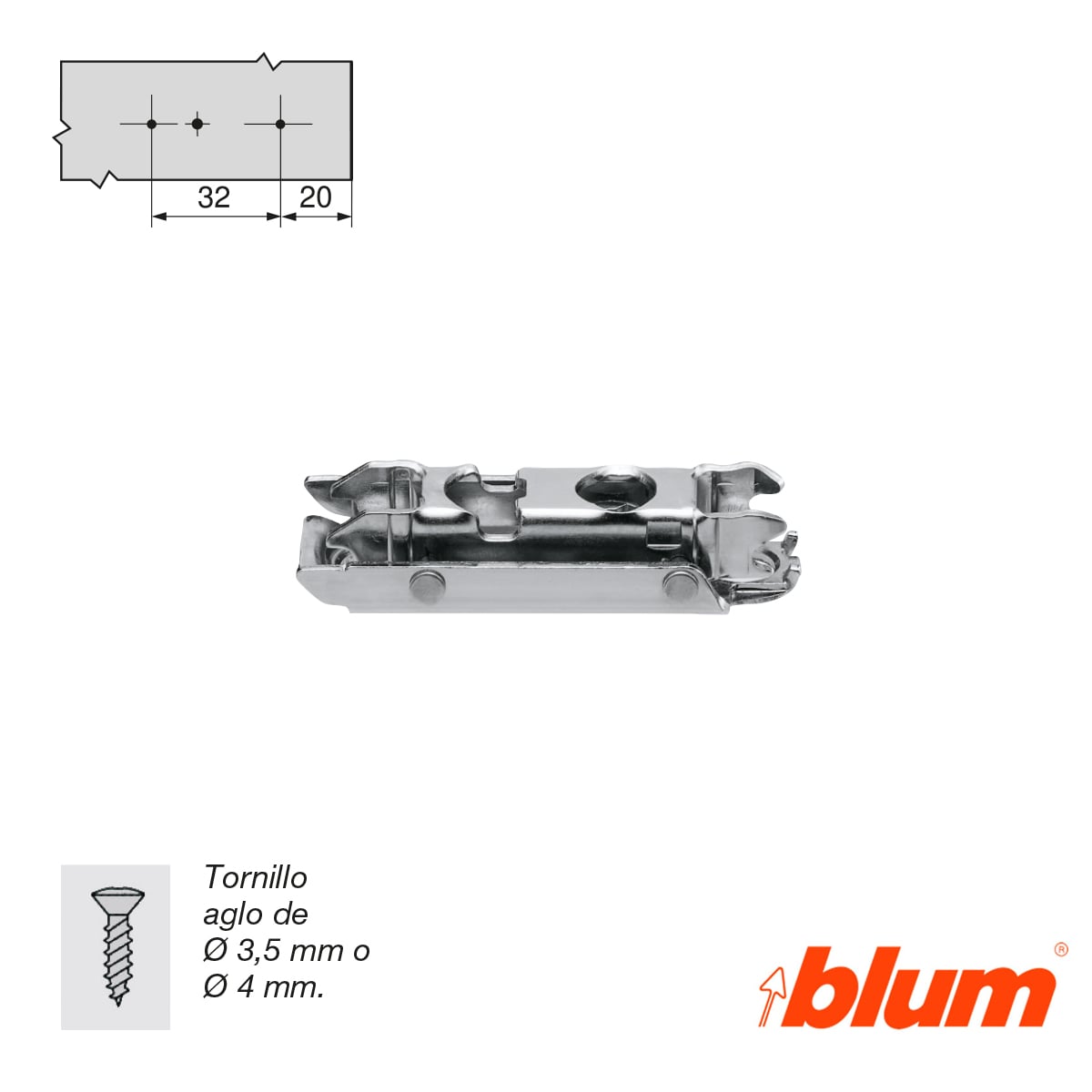 Base Recta Acero Clip Top 0Mm Con Excentrica Tornillo Blum R.175H3100